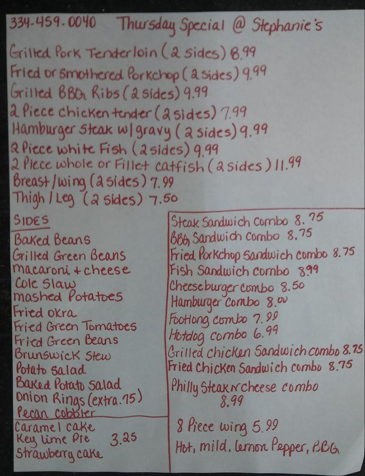 Menu at Stephanie's restaurant, La Fayette