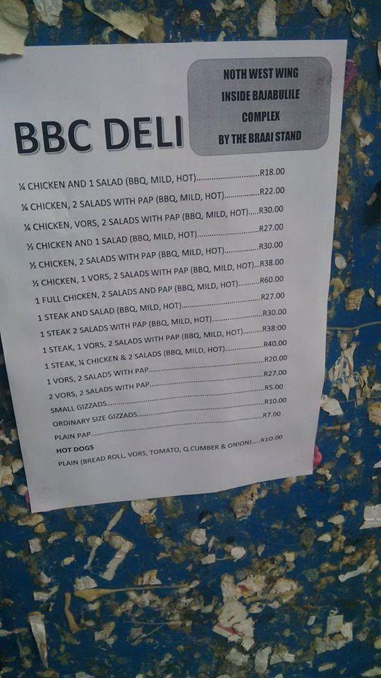 Menu at BBC Deli restaurant, Pretoria