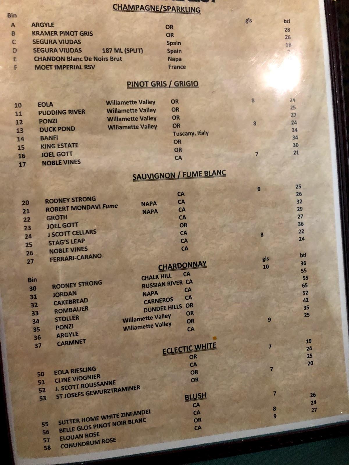 Menu at Beachfront Bistro restaurant, Brookings