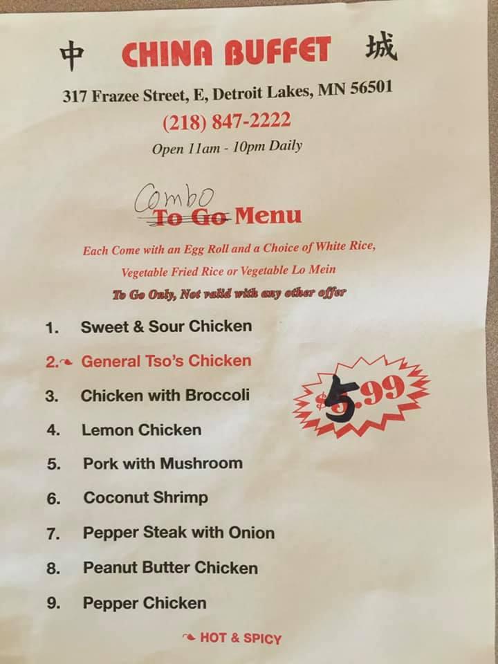Menu at China Buffet restaurant, Detroit Lakes, 317 Frazee St E