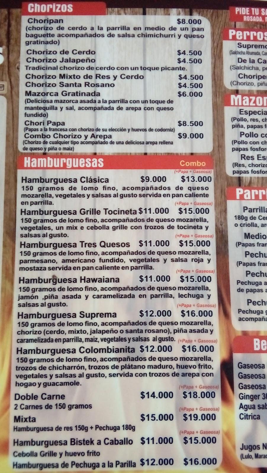 Menu at Chuzos y chorizos restaurant, Villavicencio