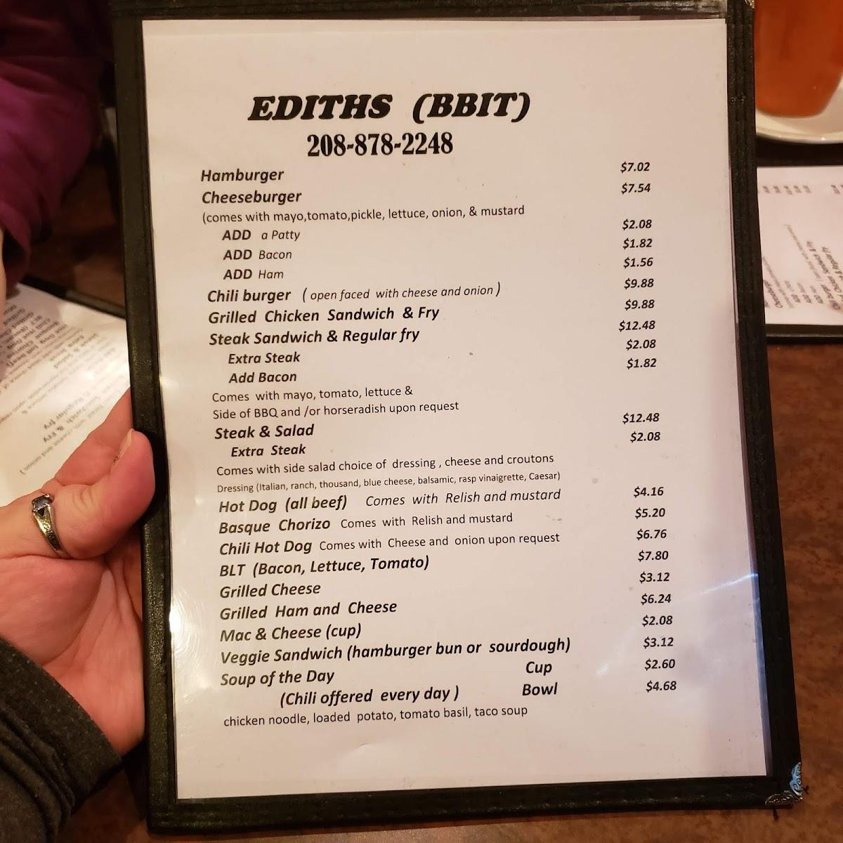 Menu at Ediths Cafe, Burley