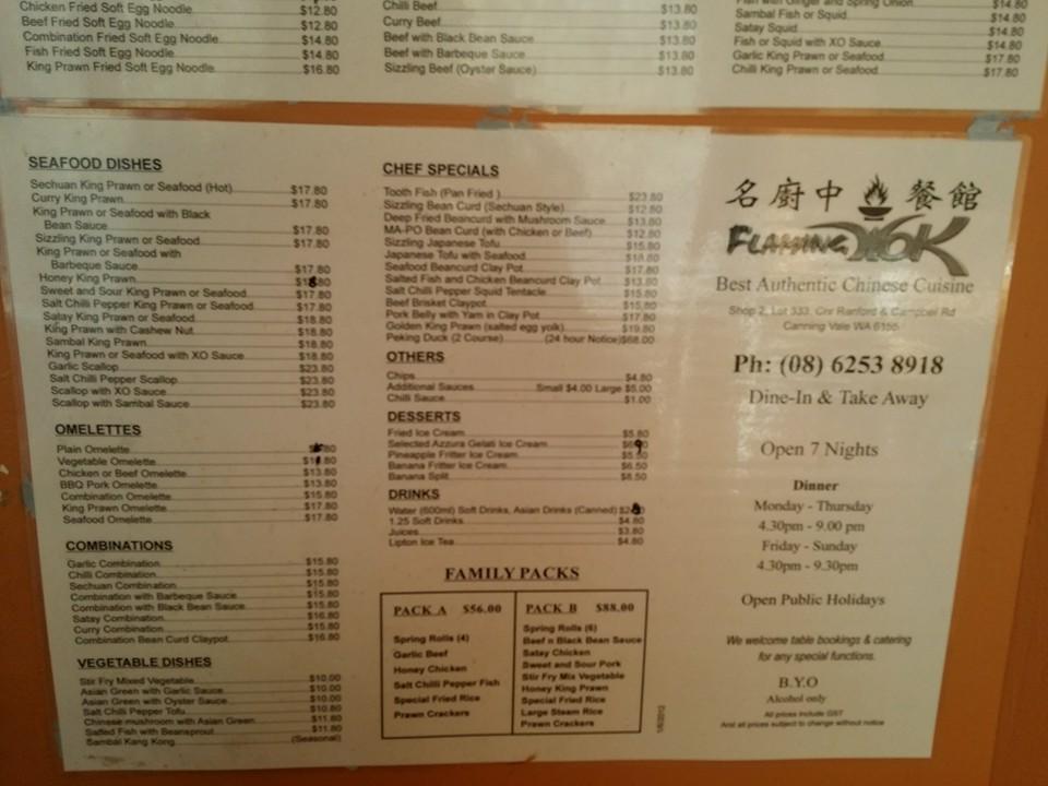 Menu at Flaming Wok Restaurant, Canning Vale, 2/333 Ranford Rd