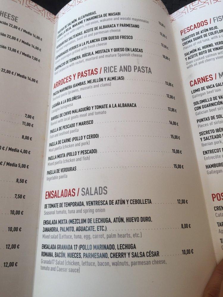 Menu at Granada 17 restaurant, Málaga