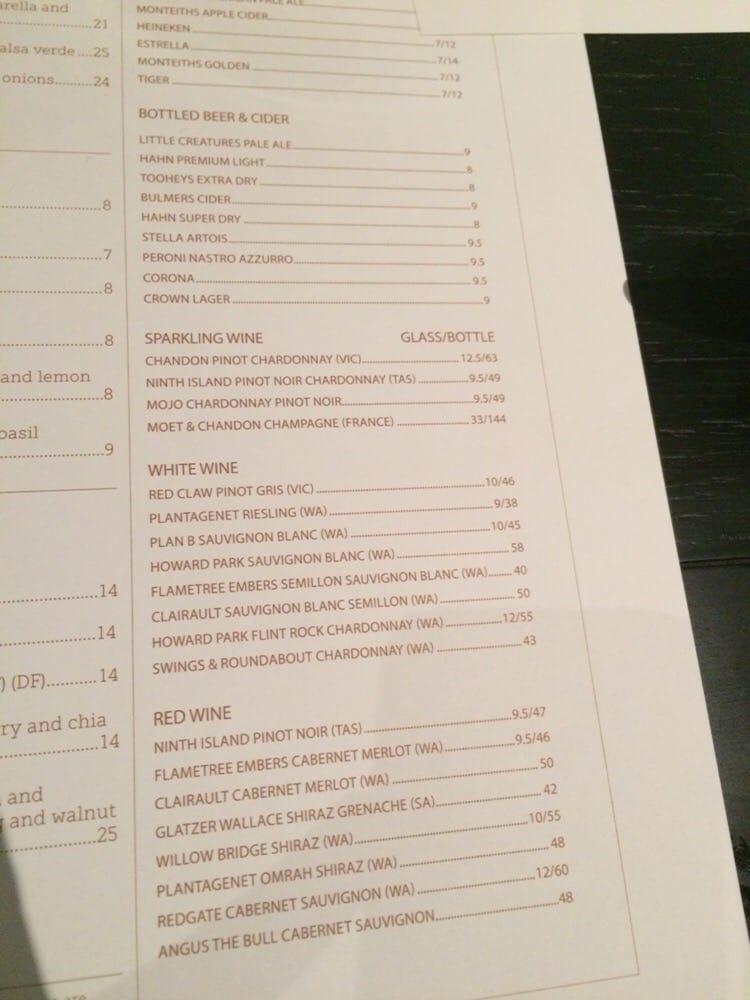Menu at Bailey on the Terrace restaurant, East Perth
