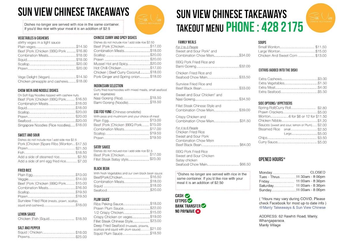 Menu at Manly Takeaways & Sun View Chinese restaurant, Auckland