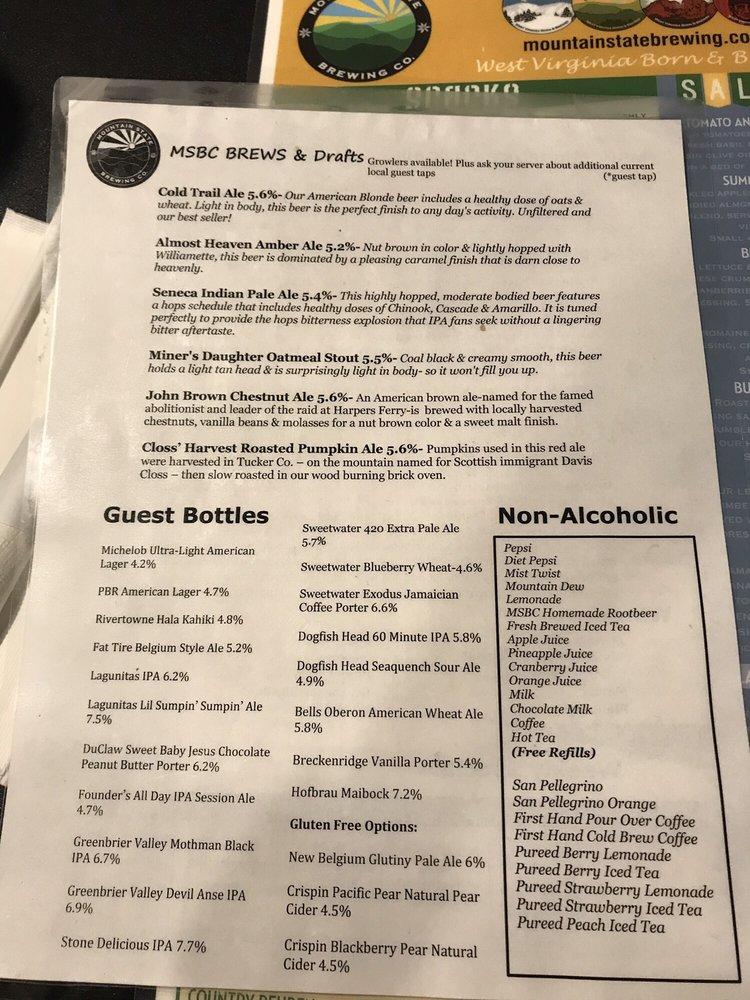 Menu at Mountain State Brewing Co pizzeria, Morgantown