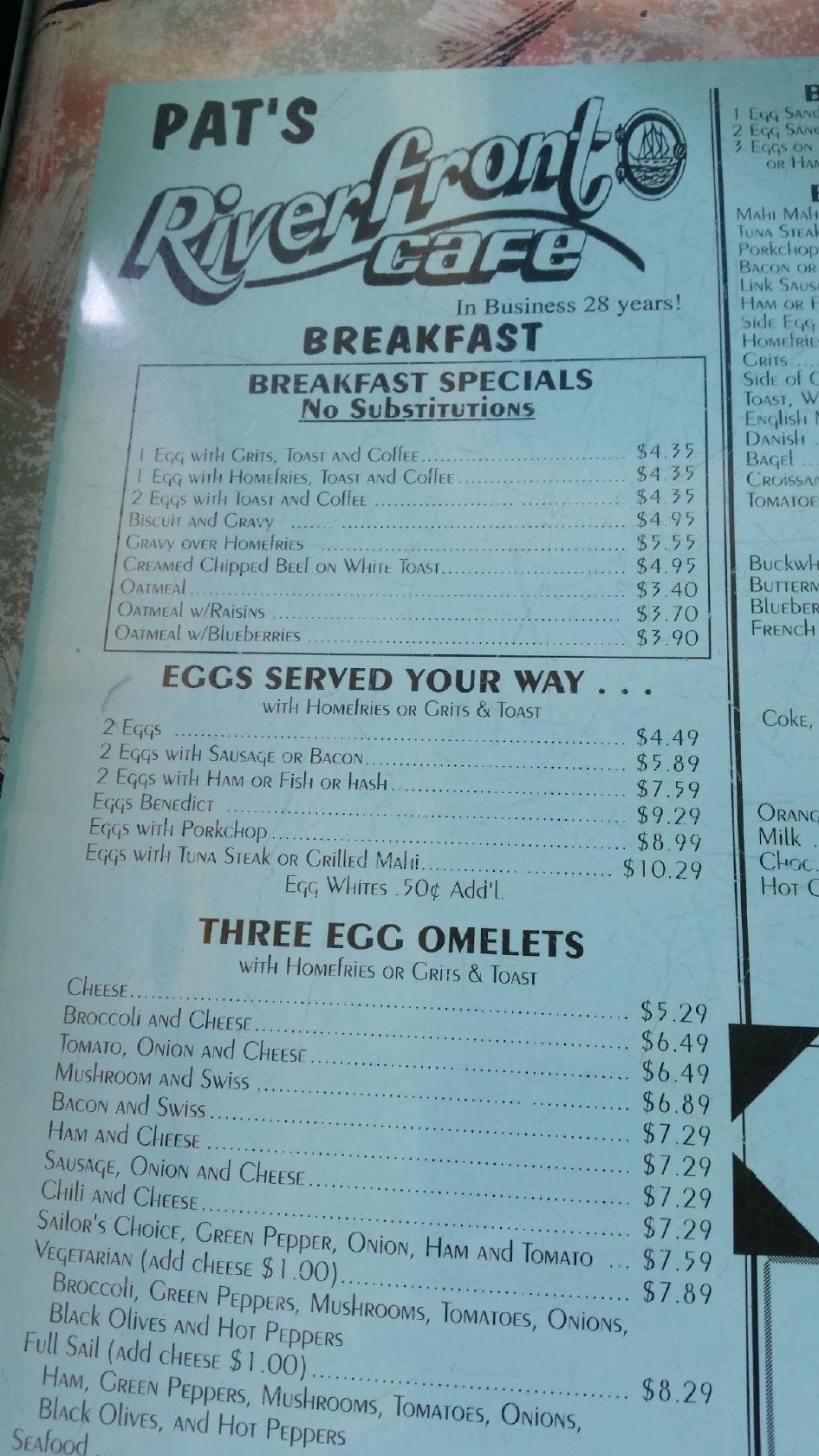 Menu at Pat's Riverfront Cafe, Port Orange