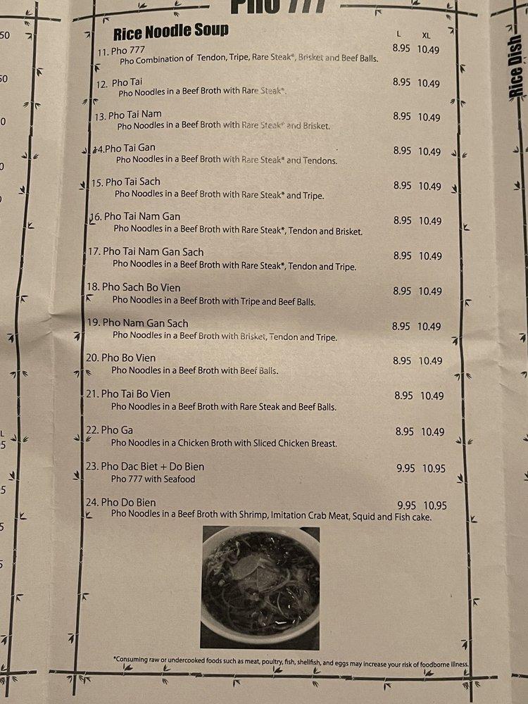 Menu at Pho 777 Vietnamese Cuisine restaurant, Conover
