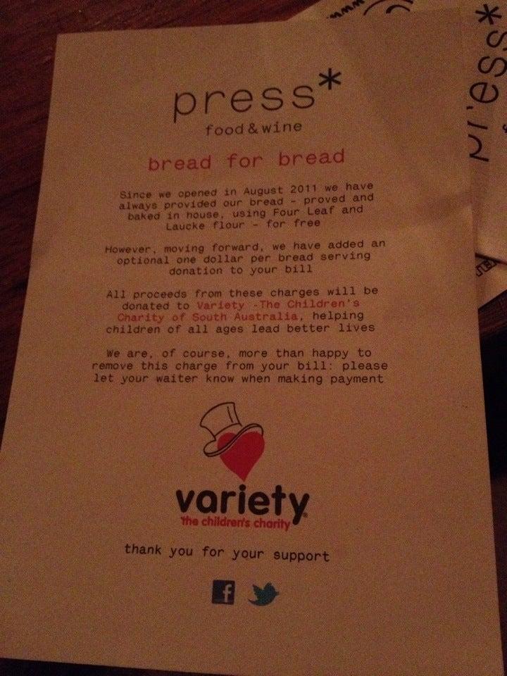 Menu at Press* Food & Wine restaurant, Adelaide