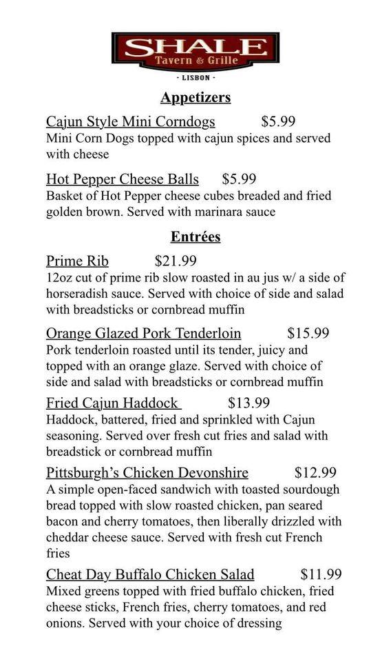 Menu at Shale Tavern & Grille restaurant, Lisbon