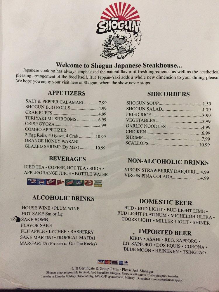 Menu at Shogun Japanese Steak House restaurant, Clovis