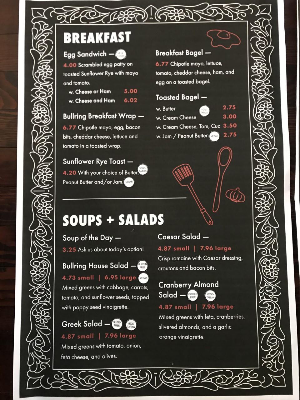 Menu at The Bullring cafe, Guelph