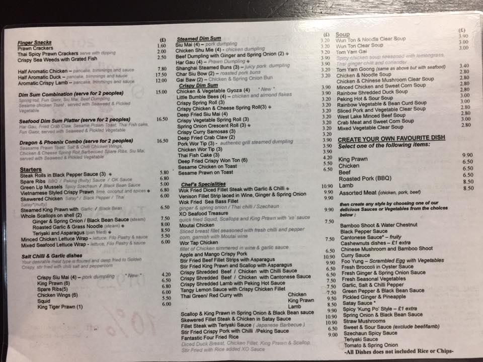 Carta de Dragon & Phoenix Restaurant, Newton-le-Willows