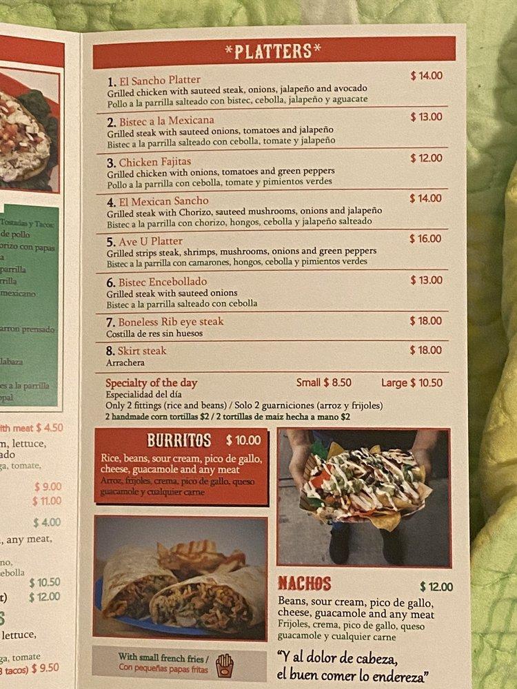 Menu at El Sancho restaurant, New York City, 142 Avenue U