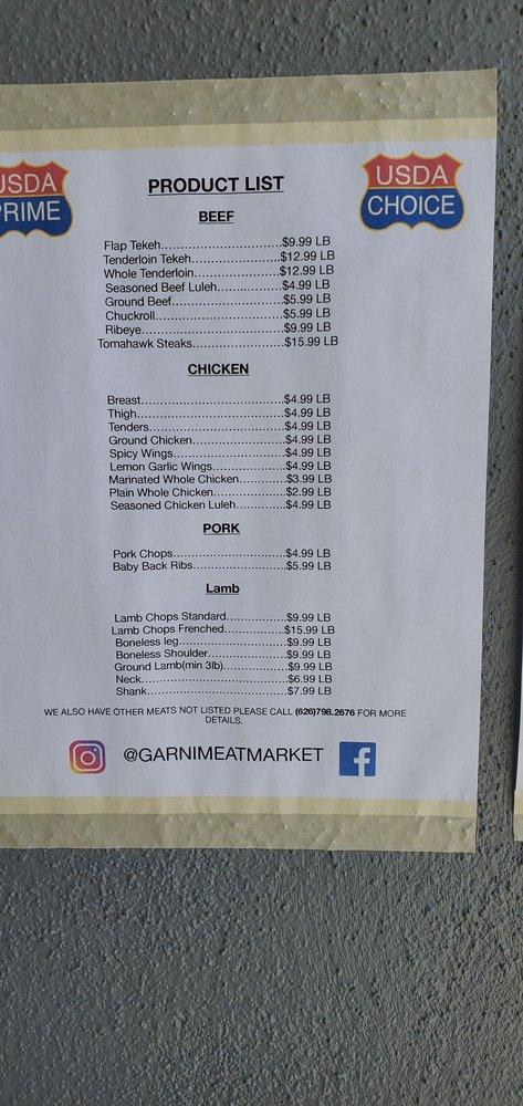 Menu at Garni Meat Market restaurant, Pasadena