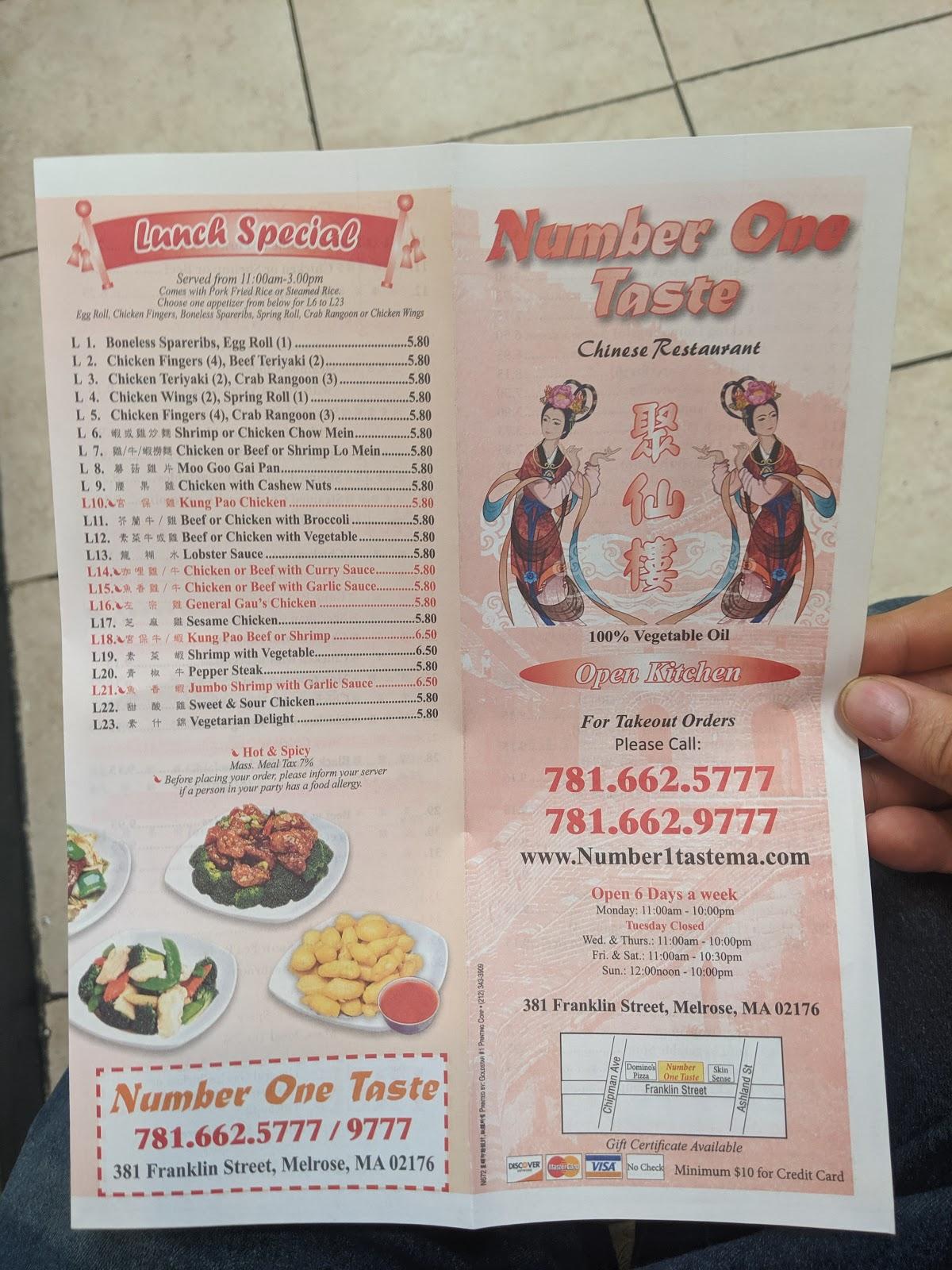 Menu at Number One Taste restaurant, Melrose, 381 Franklin St