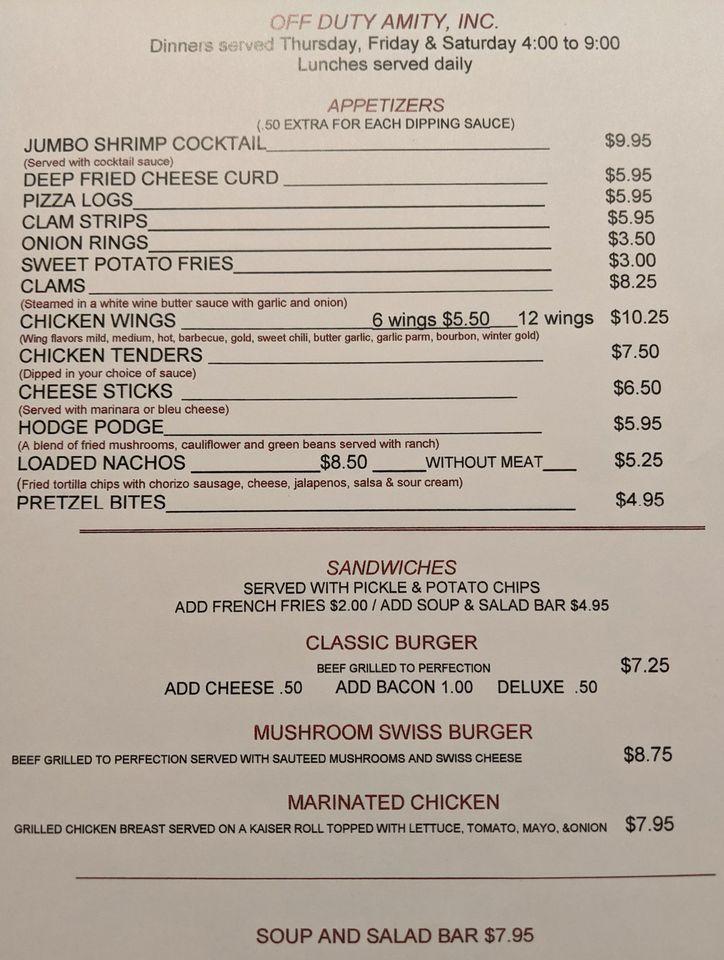 Menu at Off Duty, Inc. pub & bar, Belmont