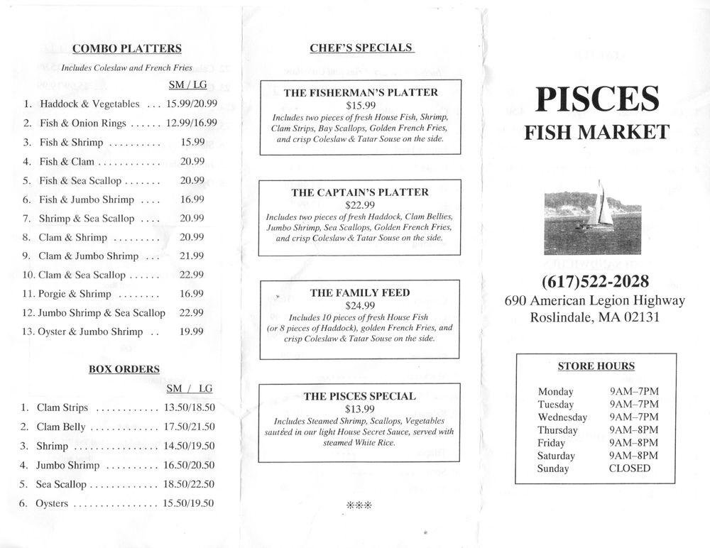 Menu at Pisces restaurant, Boston
