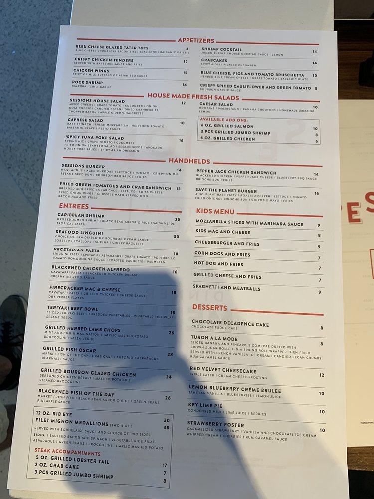 Menu at Sessions Restaurant, Daytona Beach
