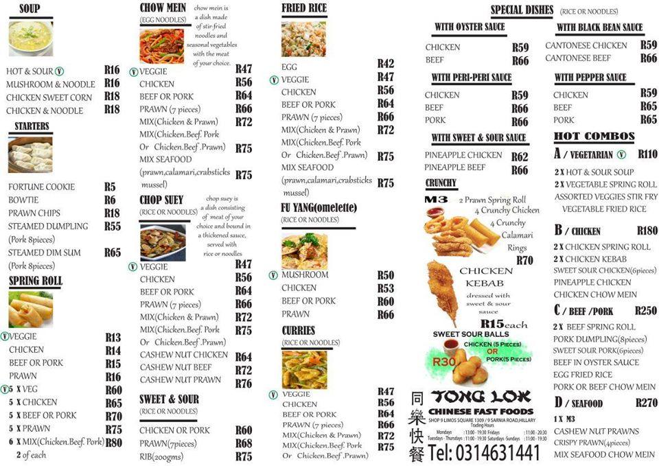 Menu at Tong Lok Hillary restaurant, Durban