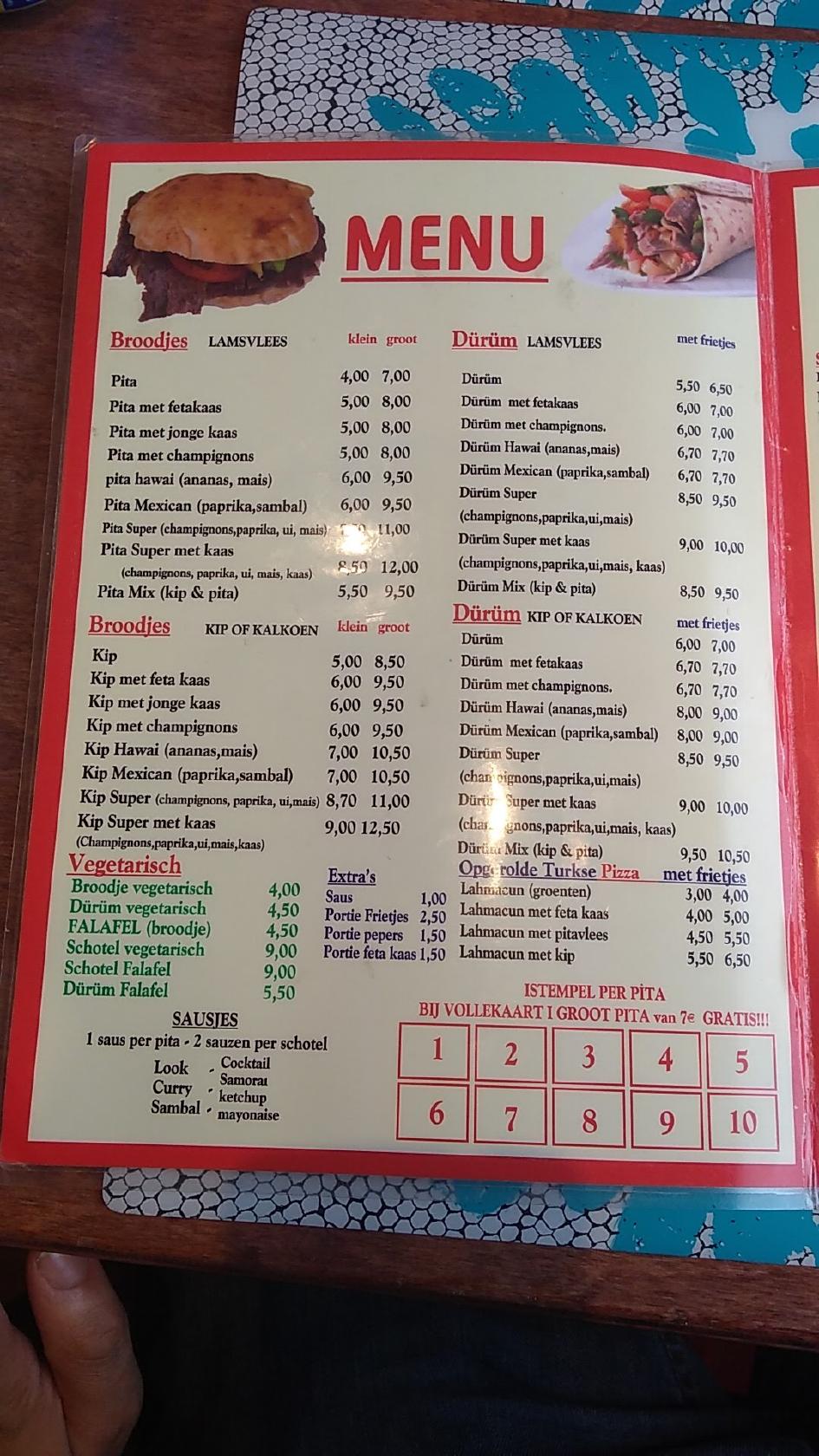 Menu at Blauw Water, Antwerp