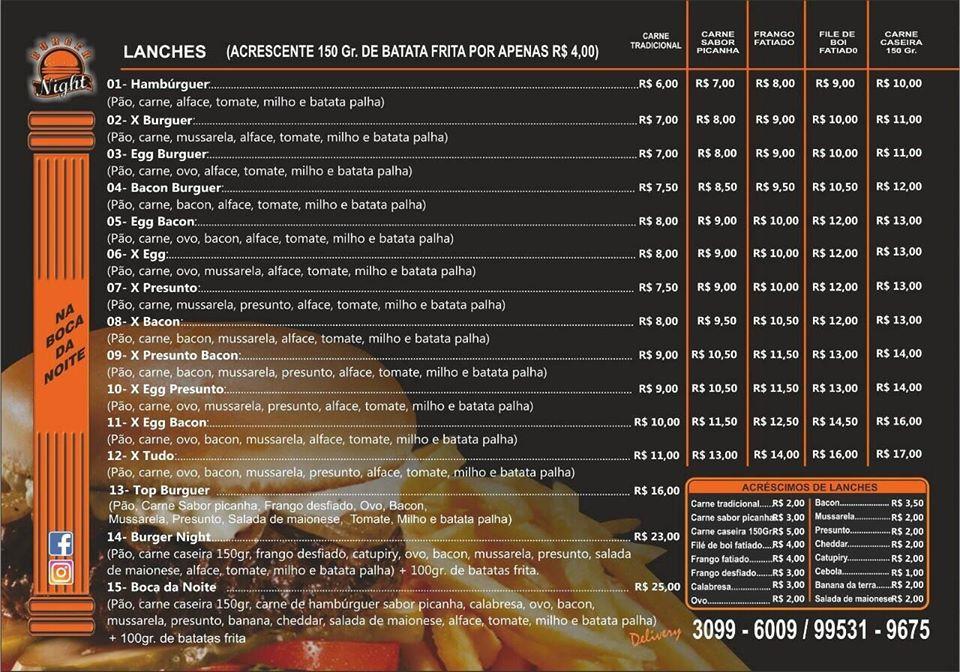 Menu em Burger Night pub & Bar, Serra