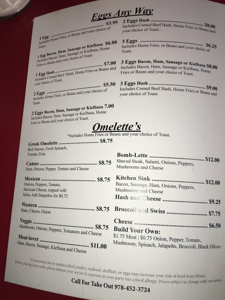 Menu at Cameo Diner restaurant, Lowell