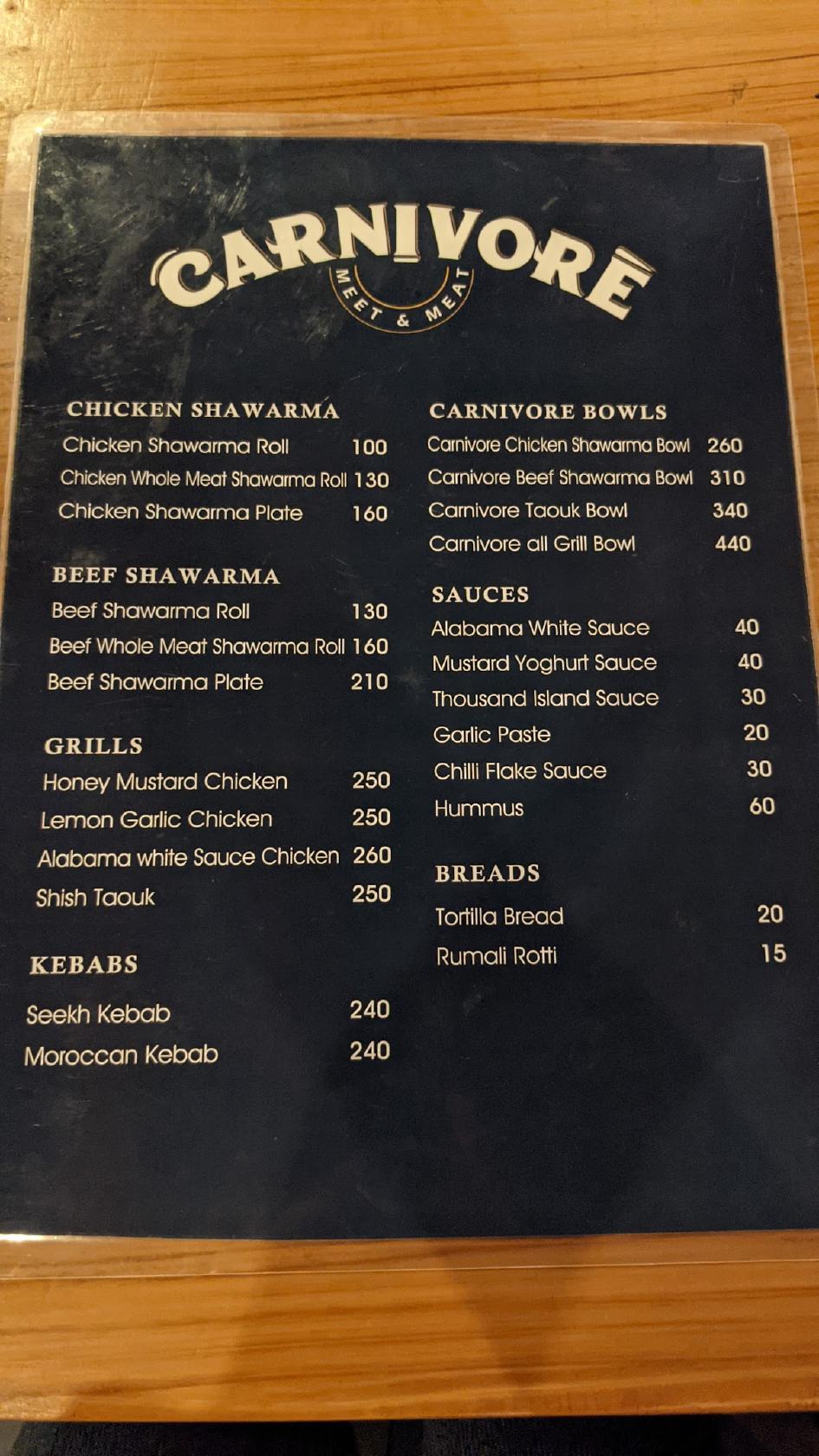 Menu at Carnivore Cafe, Kalpetta
