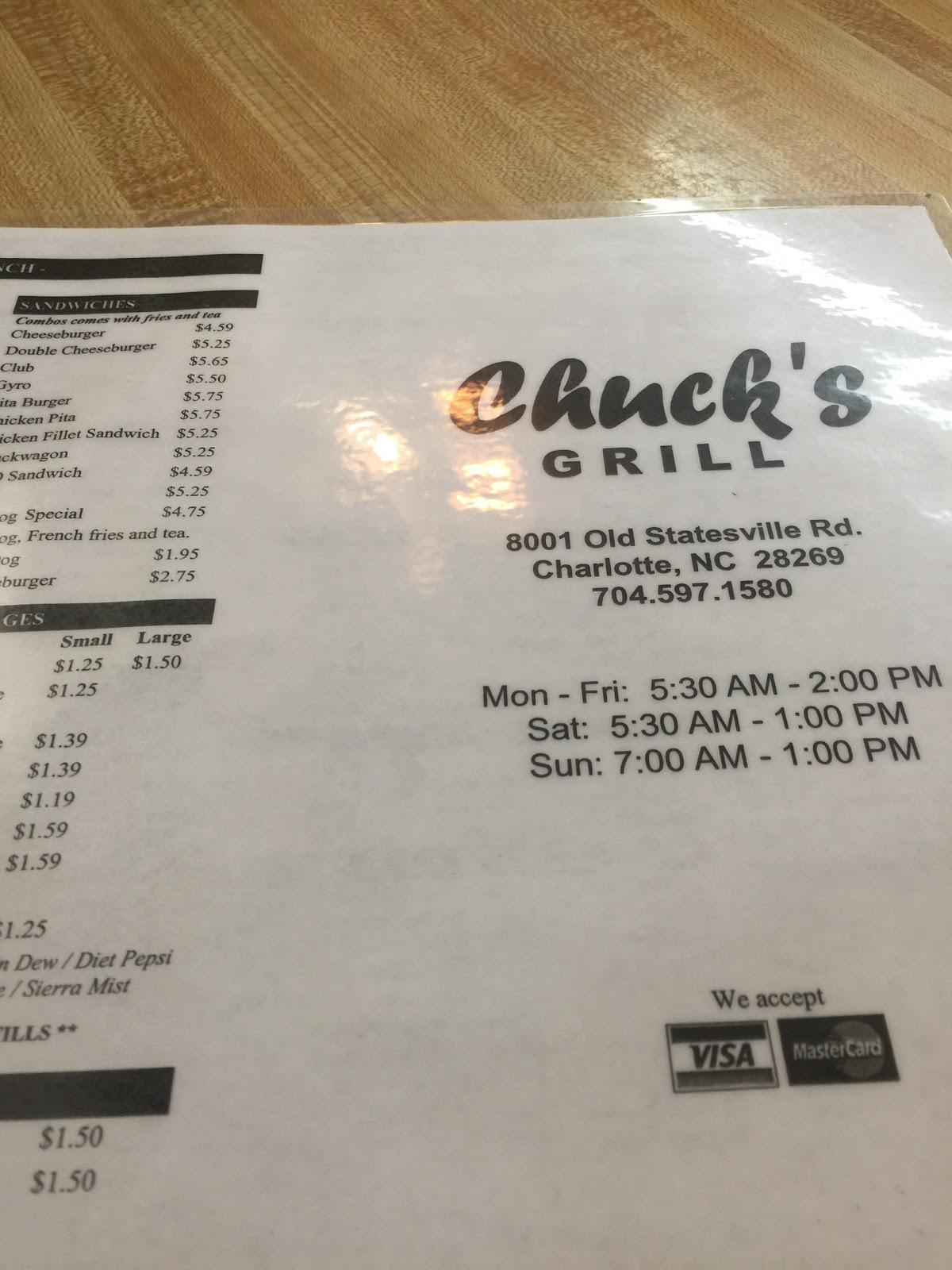 Menu at Chuck's Grill restaurant, Charlotte, Old Statesville Rd