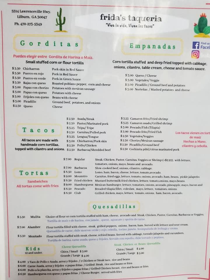 Menu at Frida's Taqueria restaurant, Lilburn