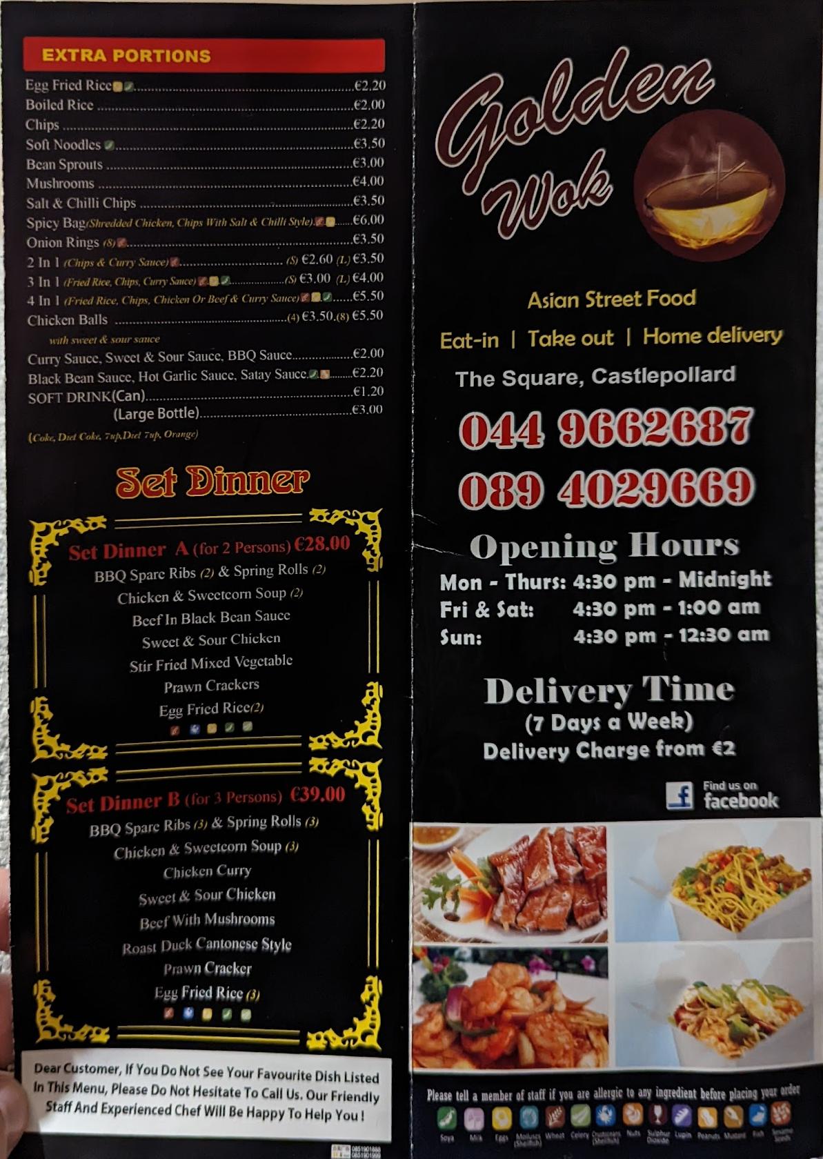 Menu at Golden Wok Asian Street Food restaurant, Ireland