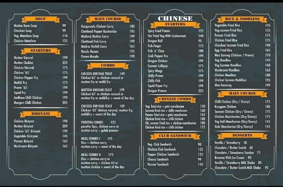 Menu at Hunger’s House, Chennai