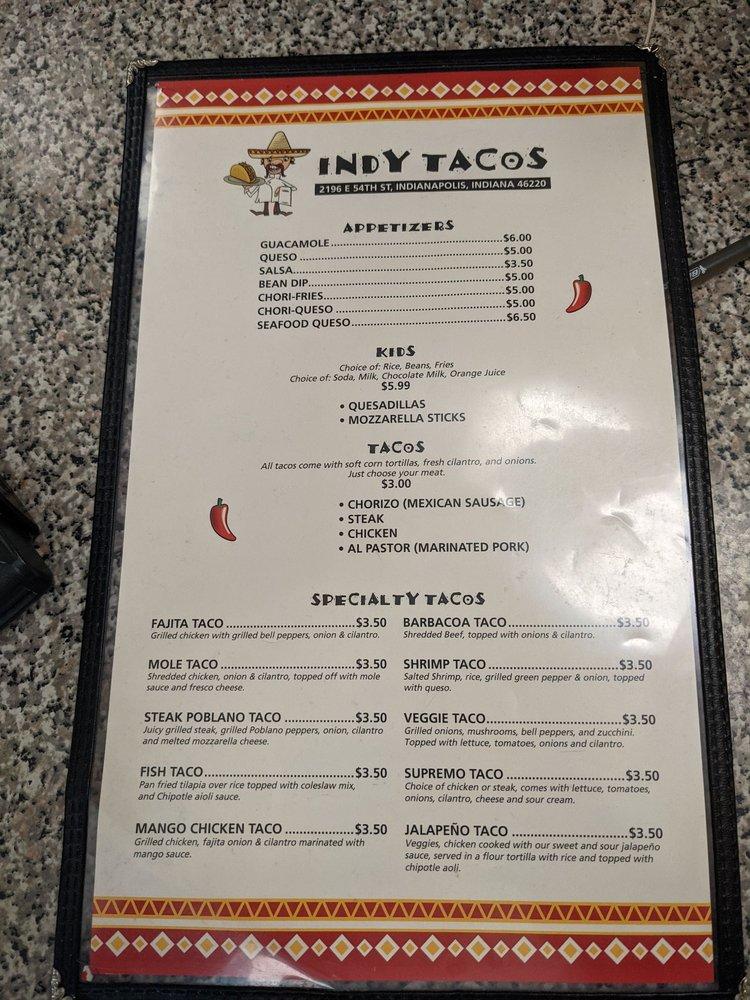 Menu at Indy Tacos restaurant, Indianapolis