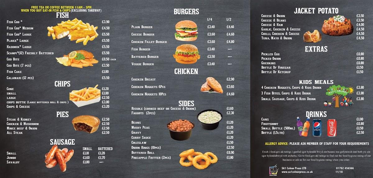 Menu at Tumble fish and chips restaurant, Llanelli