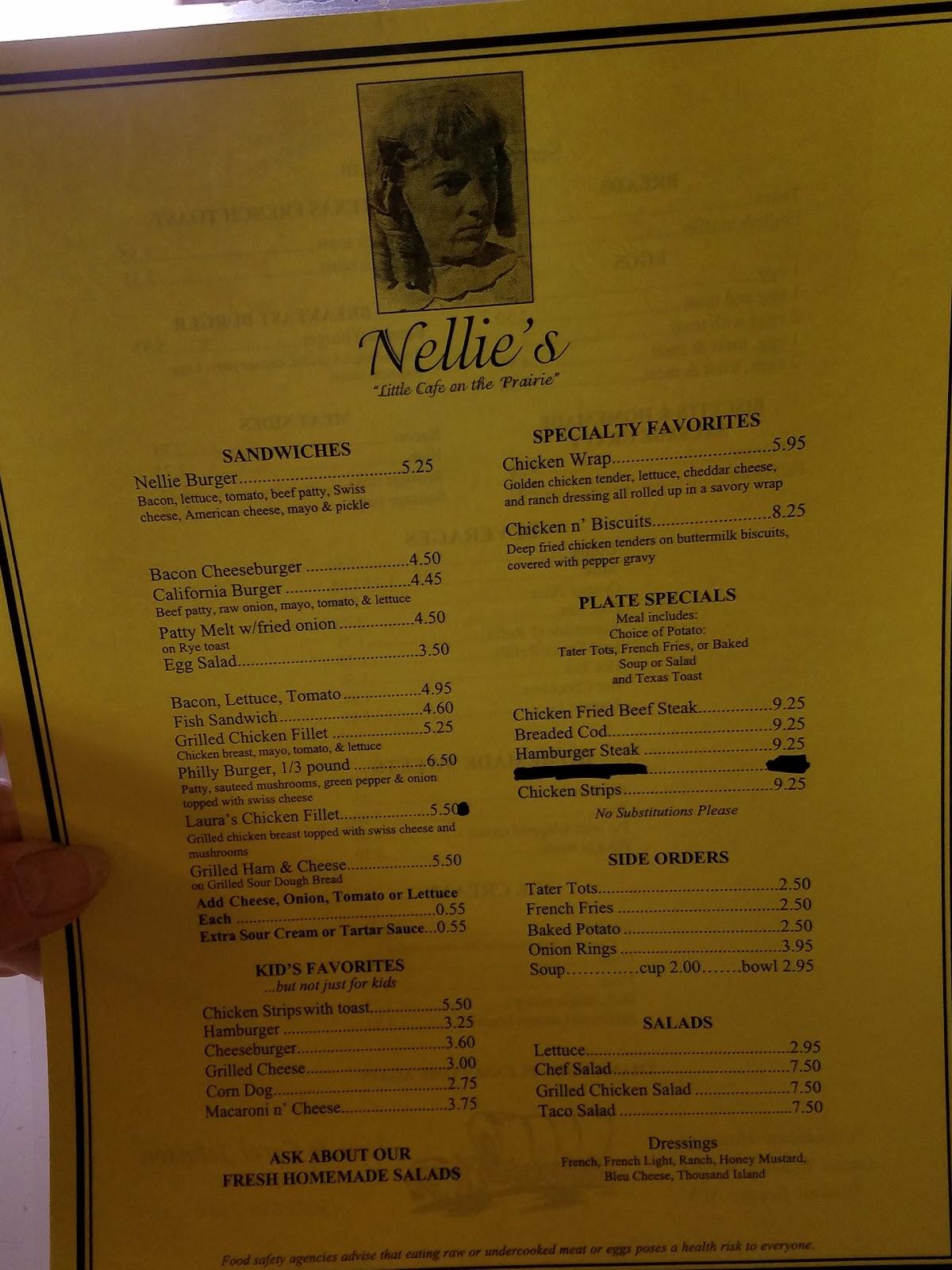 Menu at Nellie's Cafe, Walnut Grove