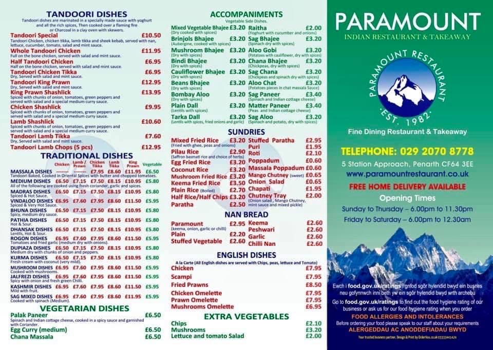 Menu at Paramount restaurant, Penarth
