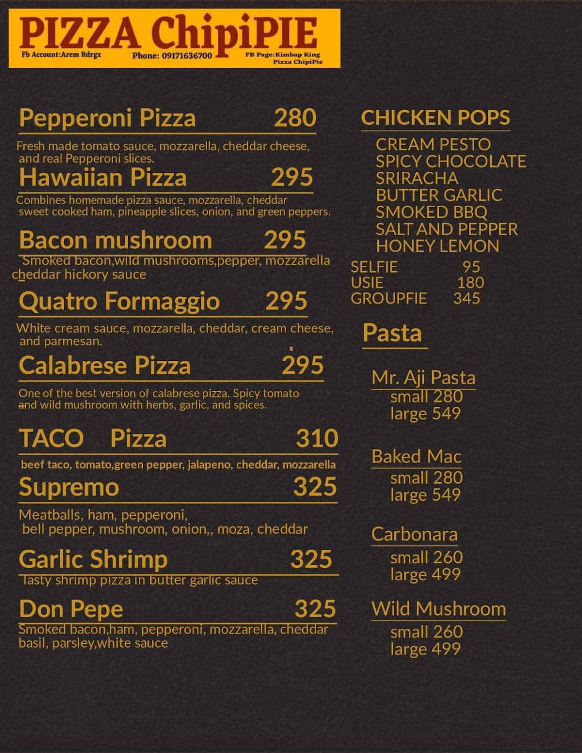 Menu at Pizza ChipiPie restaurant, Angeles