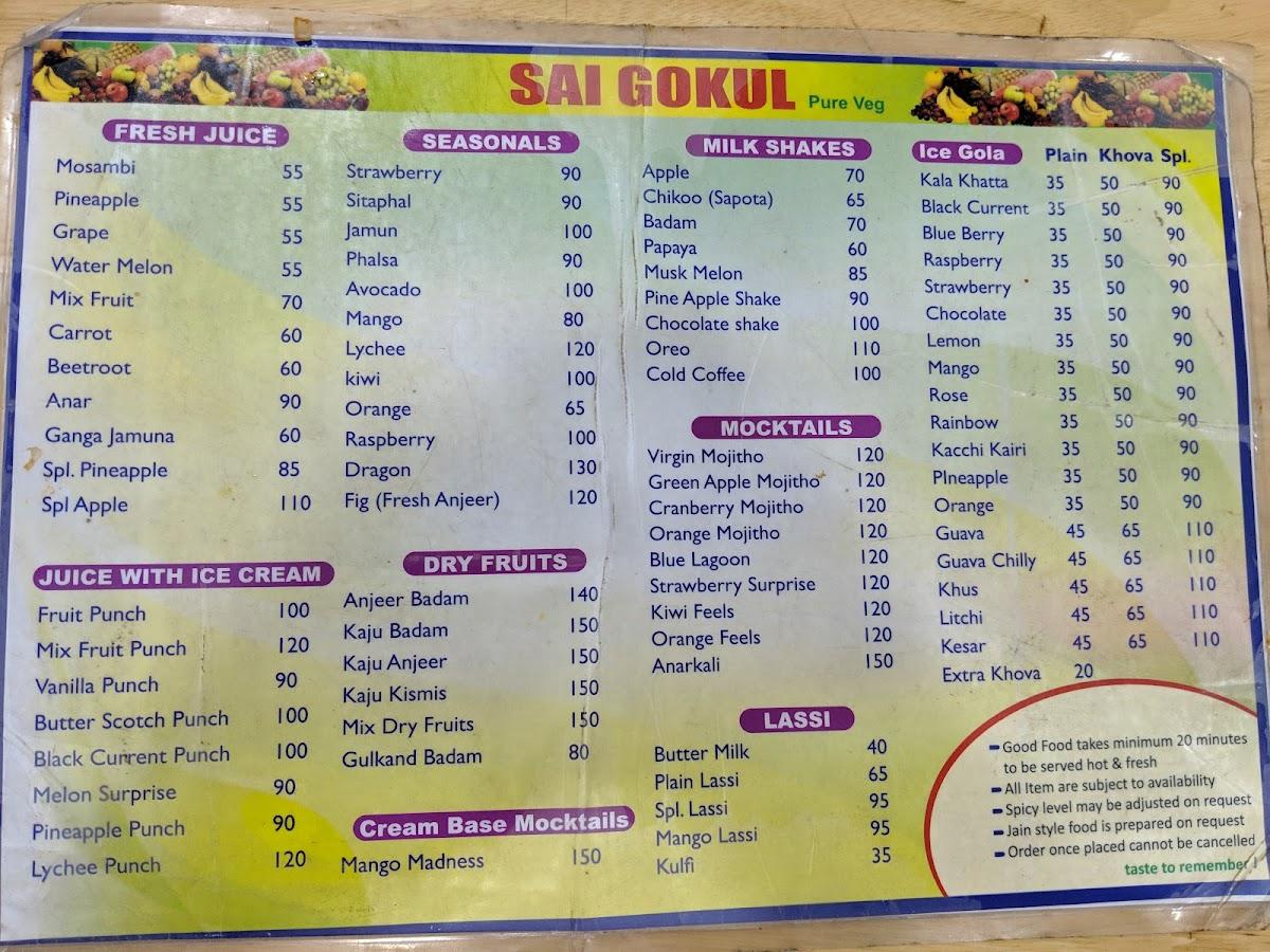 Menu at Sai Gokul, Hyderabad