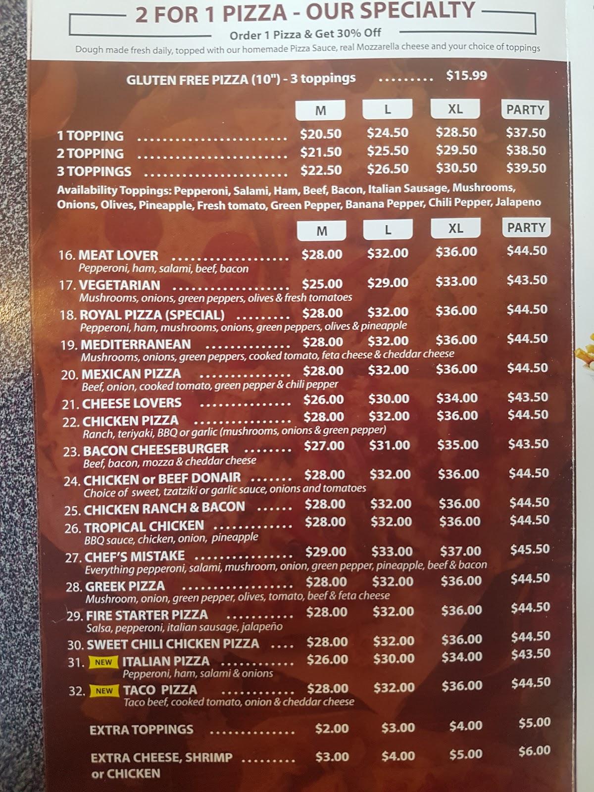 Menu at Terry's Royal Pizza pizzeria, Wainwright