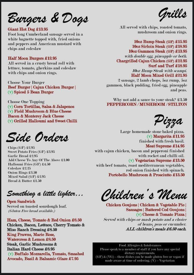 Menu at The Half Moon Inn restaurant, Telford