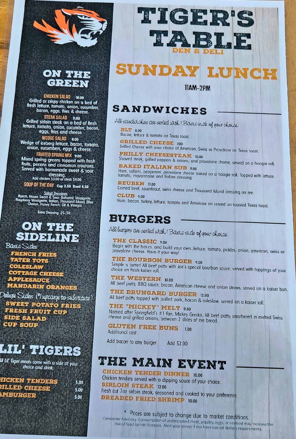 Menu at Tiger's Table restaurant, New Middletown