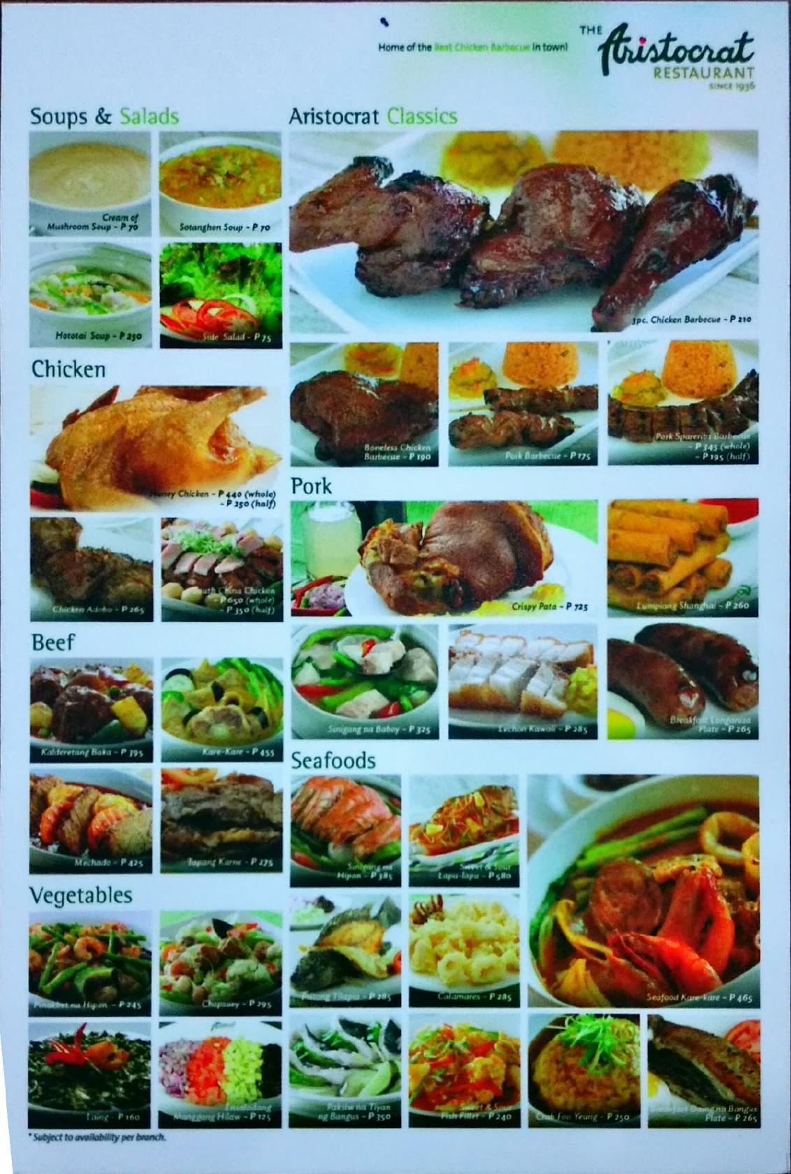 Menu at The Aristocrat Restaurant - Subic, Subic Bay Freeport Zone