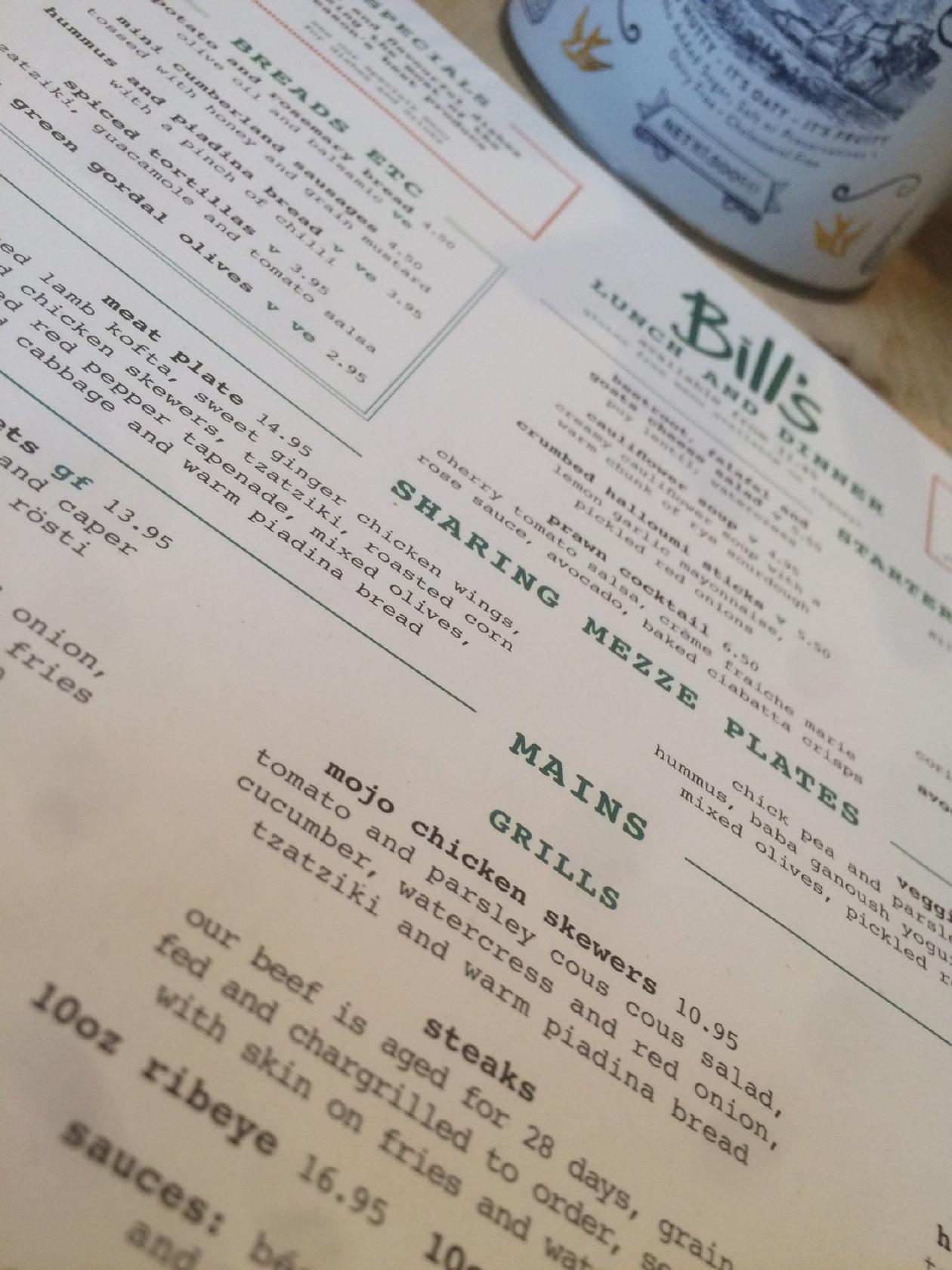 Menu at Bill's Cambridge Restaurant, Cambridge