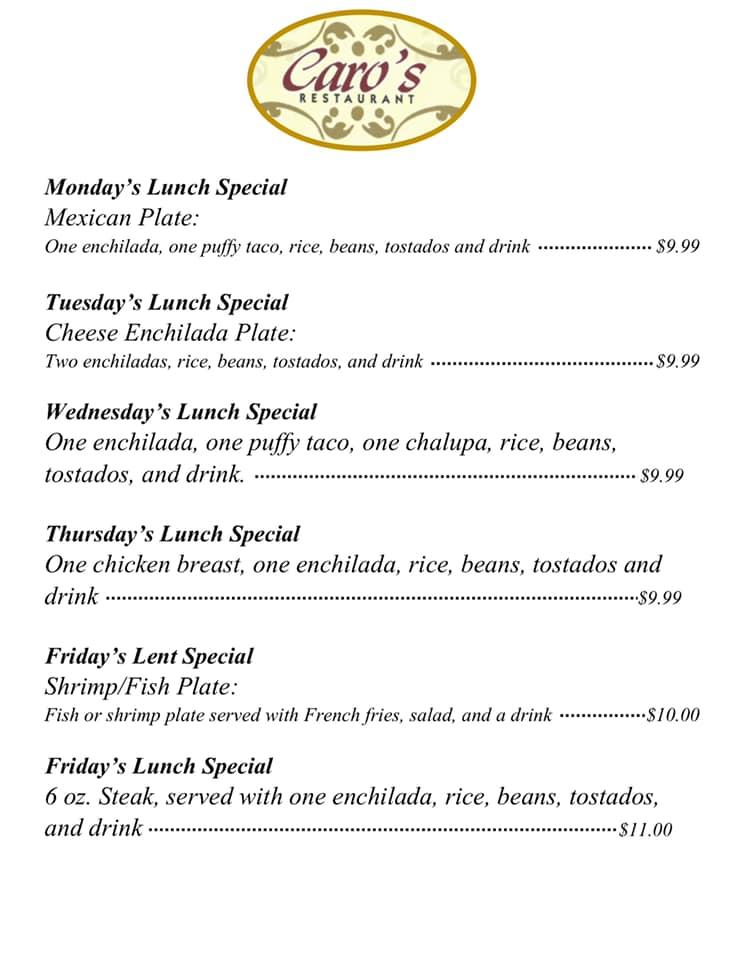 Menu at Caro's Mexican Restaurant, Rio Grande City