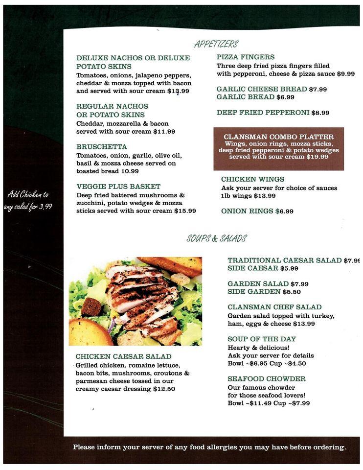 Menu at Clansman Motel Ltd restaurant, North Sydney, 9 Baird St