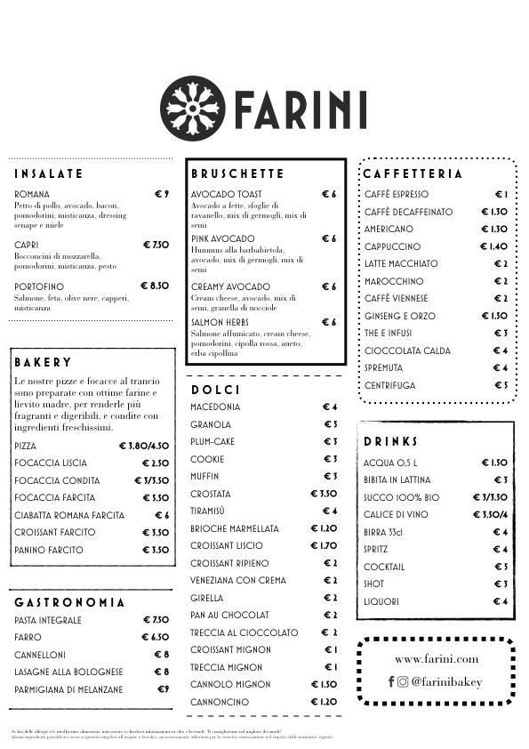 Menu at Farini cafe, Venice, Calle Seconda de la Fava