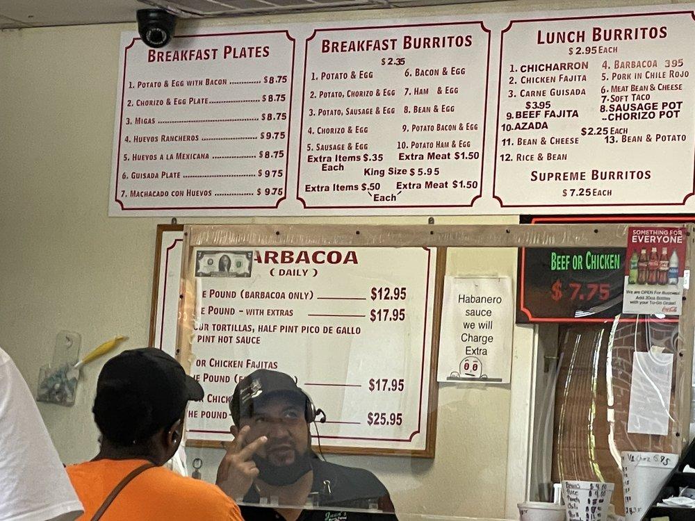 Menu at Juan's Burrito Express restaurant, Fort Worth