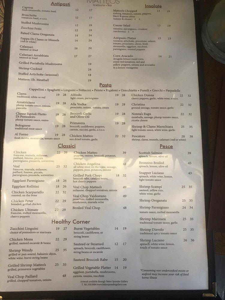 Menu at Matteo's of Boca Raton restaurant, Boca Raton