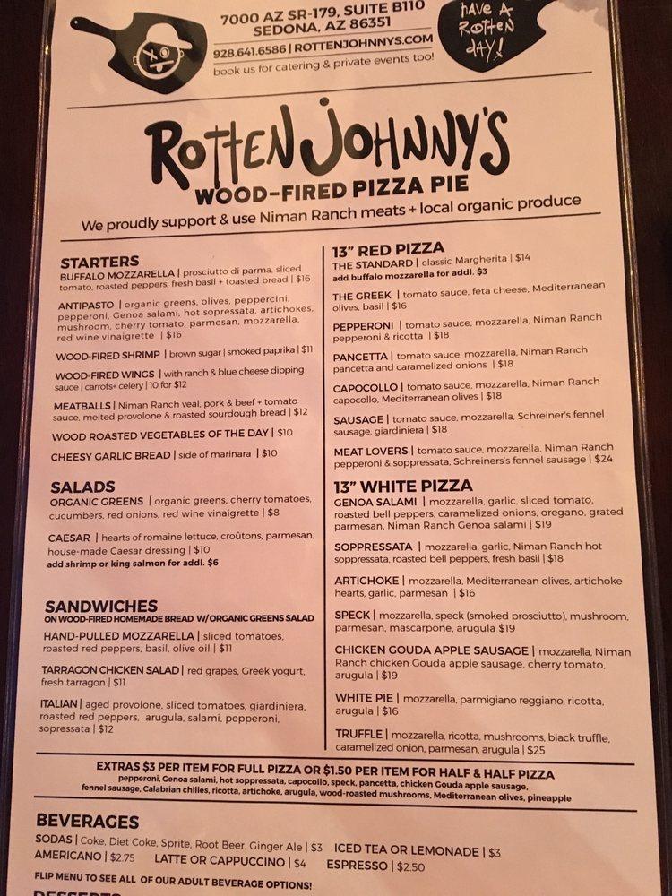 Menu at Rotten Johnny's Wood-Fired Pizza Pie pizzeria, Sedona